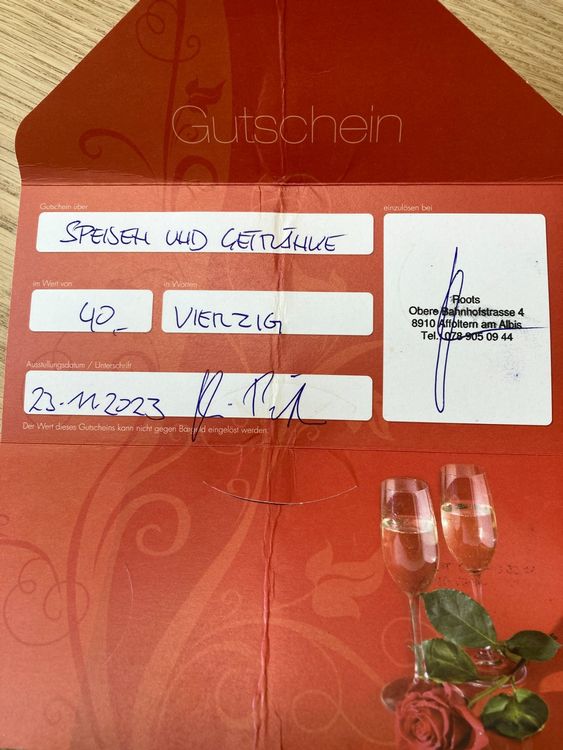 40.- Gutschein Restaurant/Bar "Roots", Affoltern am Albis (Neu (gemäss Beschreibung)) in ...