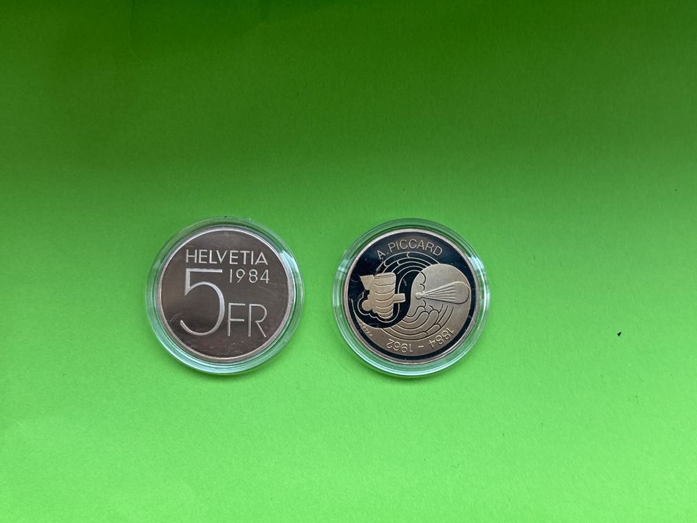 5FR Helvetia 1984 + A.Piccard 1984 Münzen Set Schweiz (Neu und originalverpackt) in Dietwil für ...