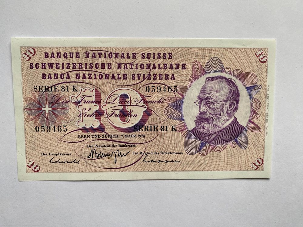 Schöne alte 10 Franken CH-Note, 07. März 1973, ungefaltet (Neu und originalverpackt) in Thun für ...