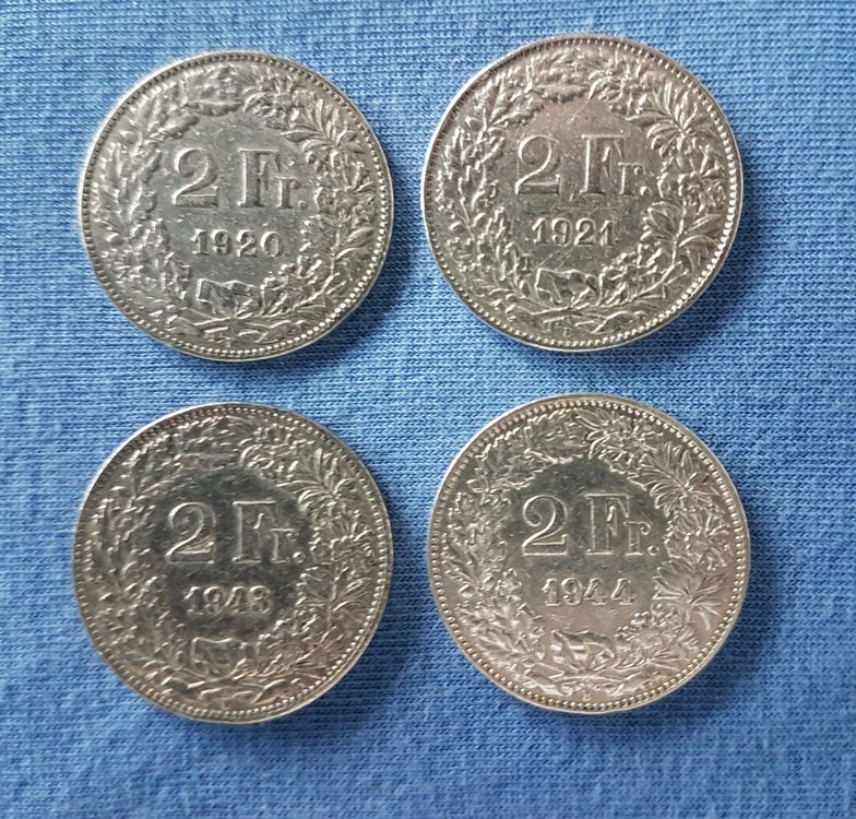 4 x 2 Fr Silbermünzen 1920-1921-1943-1944 ab nur 1 Fr !! (Gebraucht) in Camignolo für CHF 22 ...