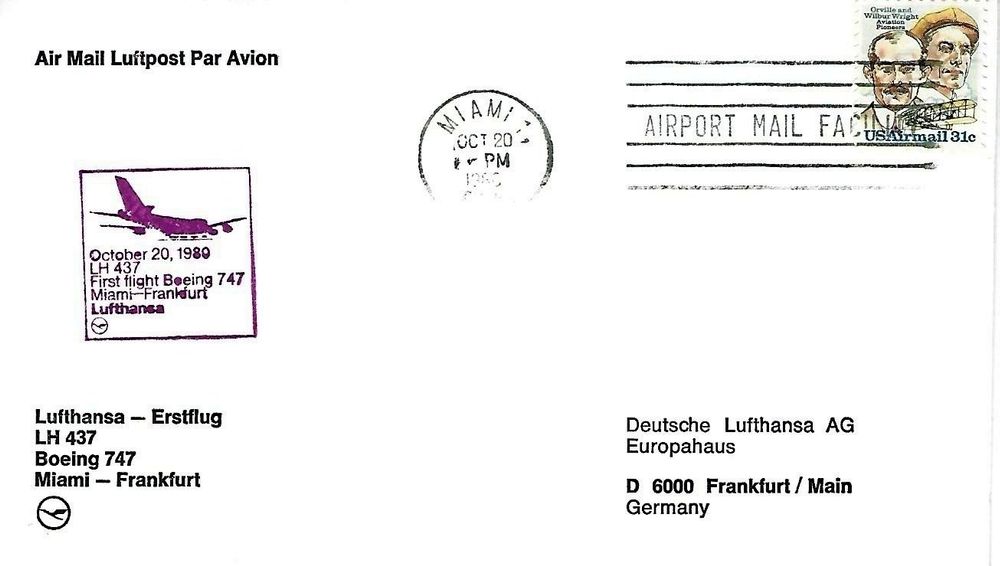 Lufthansa Erstflug LH437 Miami-Frankfurt gelaufen 1980 Rare (Gebraucht ...