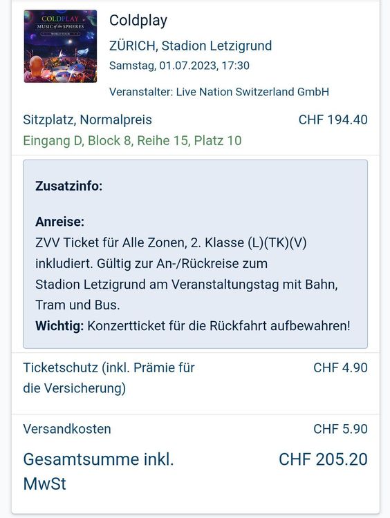 1x Top Coldplay Sitzplatz Ticket! Letzigrund (Neu und originalverpackt ...