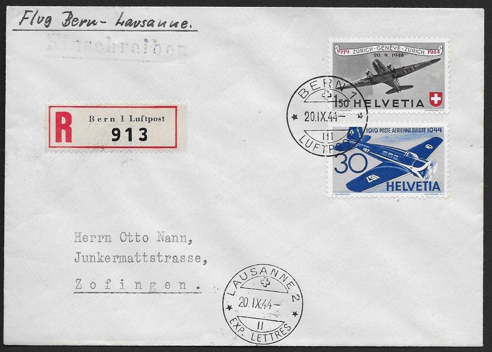 1944 CHARGE Jubil. Flug BERN-ZÜRICH MISCH-Frankatur ab 1.- (Gebraucht) in Zürich für CHF 4 – mit ...
