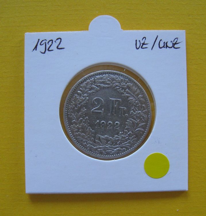 2 Franken 1922, unz / stgl, Silber ( gelb ) (Neu (gemäss Beschreibung)) in Alpnach-Dorf für CHF ...
