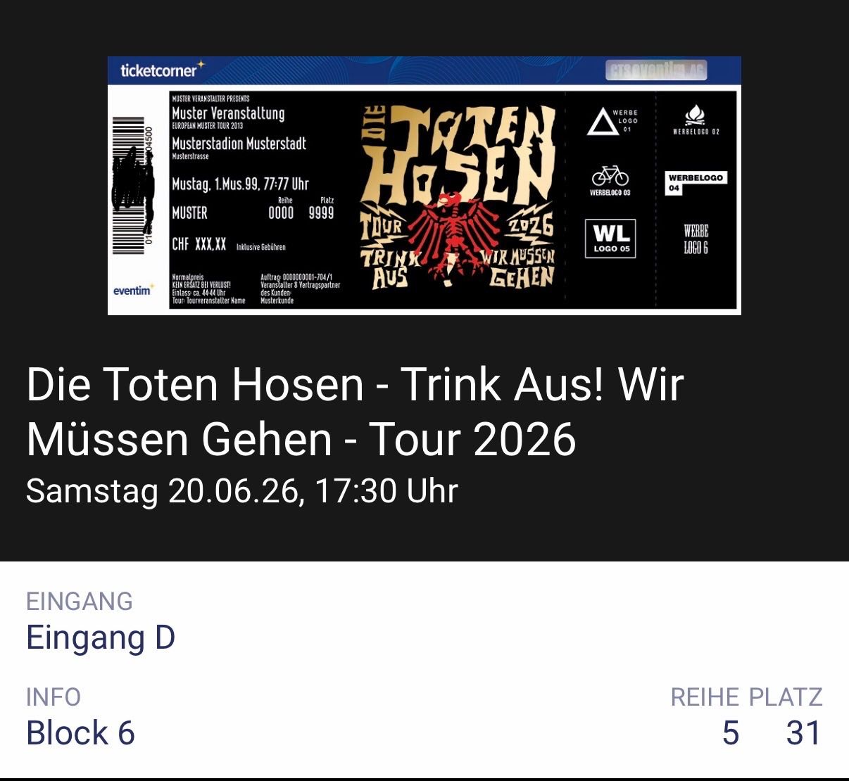 Die Toten Hosen - Drink Aus! Tour 2026 Ticket (Neuf avec emballage d ...