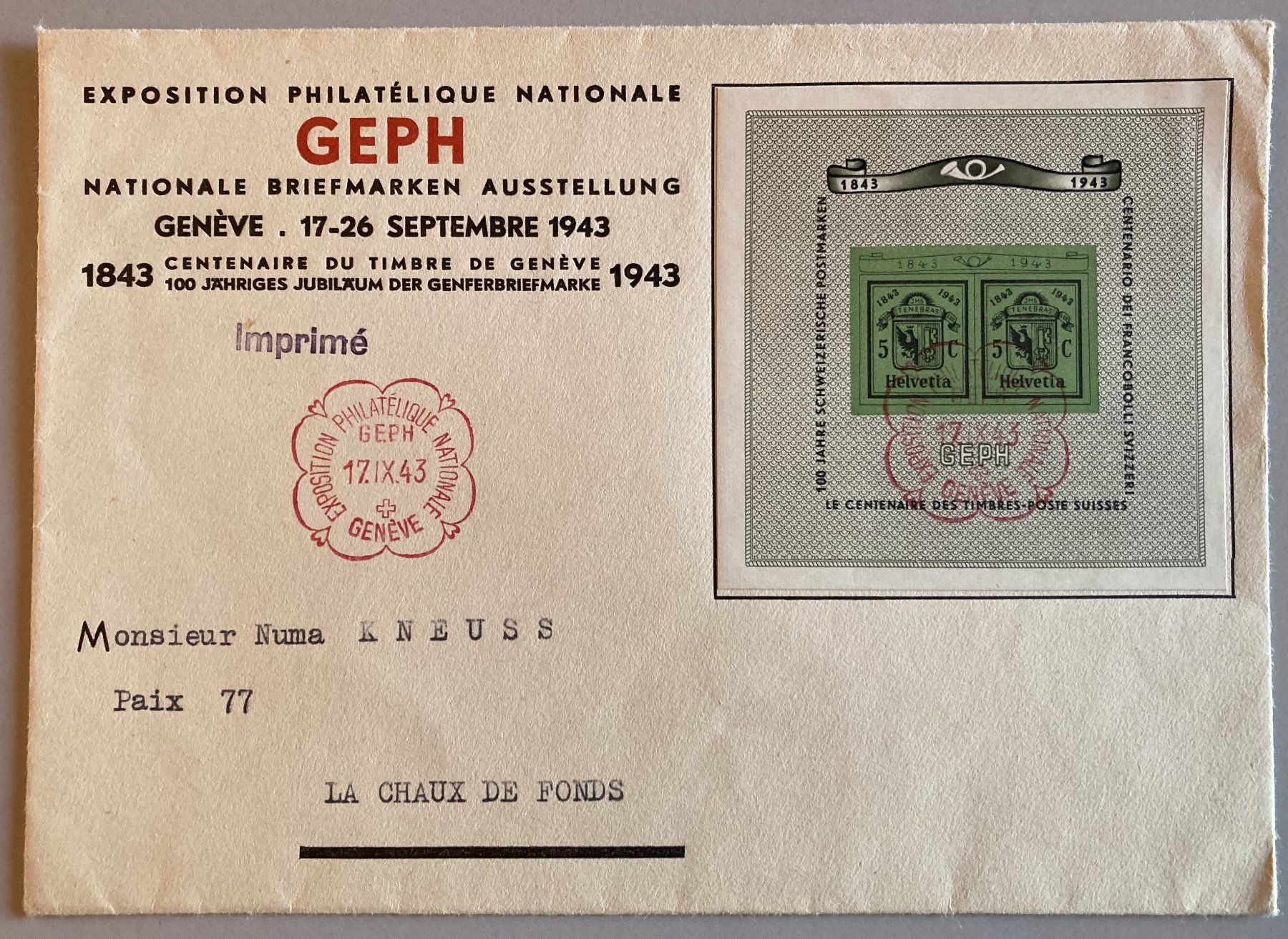 FDC GEPH Block 1943 W18, SBK 110 Fr. (Gebraucht) in Flawil für CHF 15 – mit Lieferung auf ...