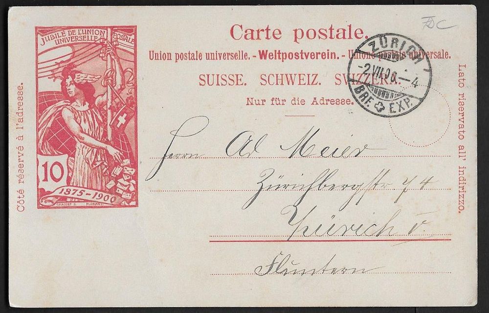 1900 UPU Postkarte 10c. ZÜRICH ERSTTAG 2.VII.00 top ab 1.- (Gebraucht) in Zürich für CHF 7 – mit ...