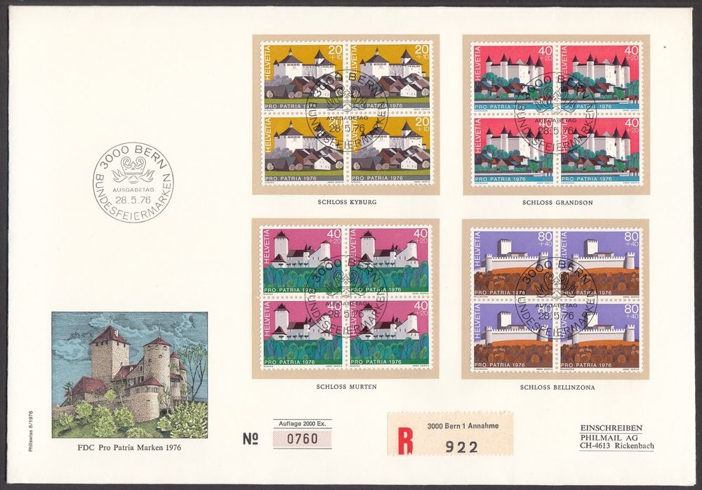 R 922 FDC Grossbrief vierer Blocks PP SCHLOSS 1976 ab 1.- | Kaufen auf Ricardo