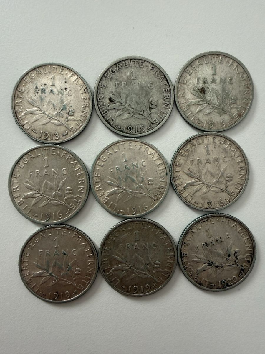 Seltene 1-Francs-Münzen, Jahrgänge 1913-1920, 9 Stück (Gebraucht) in ...