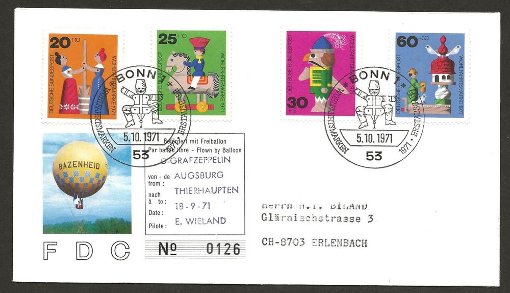 Ballon FDC Bonn Deutschland 1971 Augsburg Luftpost (Gebraucht) in Au ZH für CHF 0.5 – mit ...