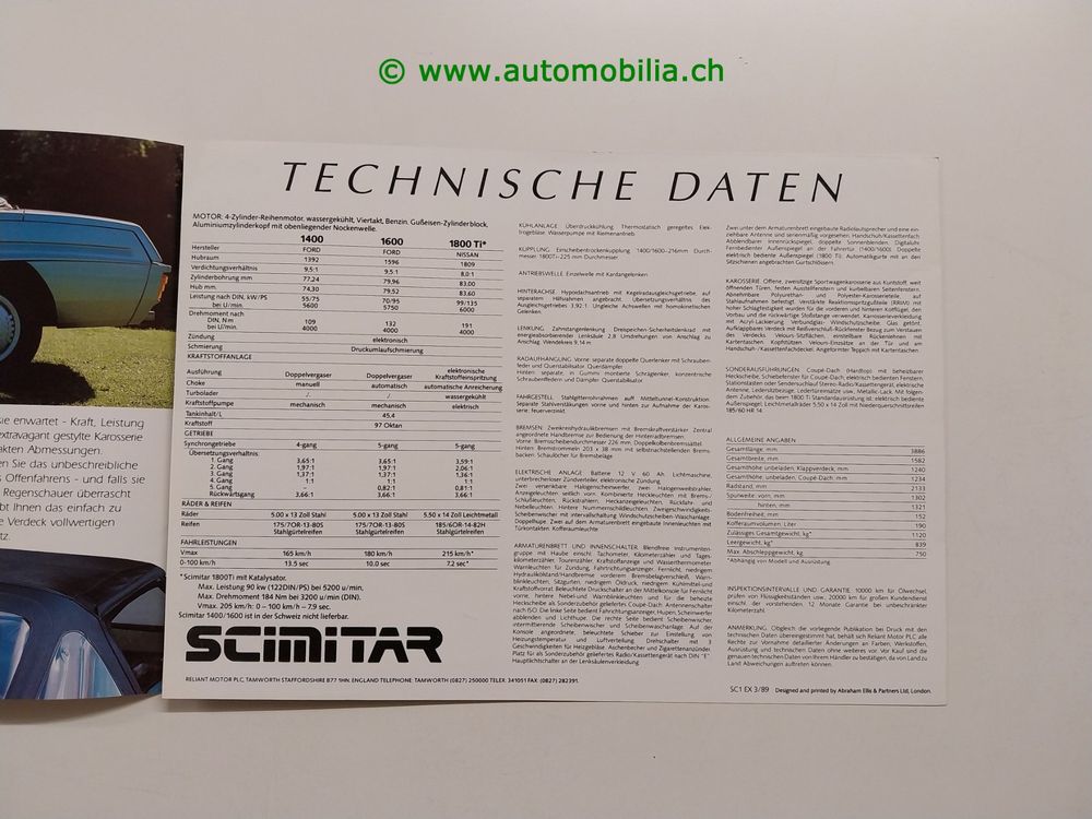 Reliant Scimitar 1989/03 Prospekt deutsch (Gebraucht) in Weingarten ...