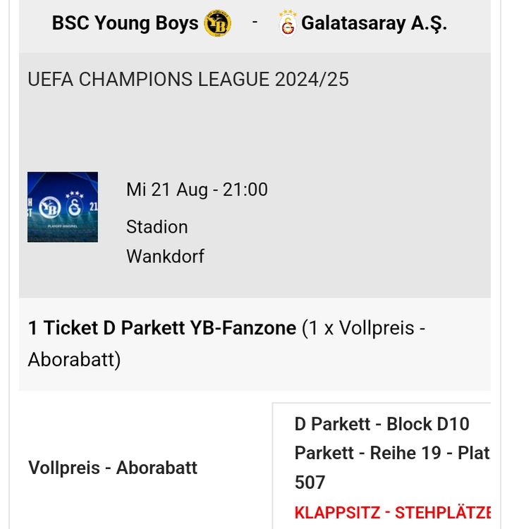 YB - GS | Top Ticket D Parkett YB-Fanzone | Kaufen auf Ricardo