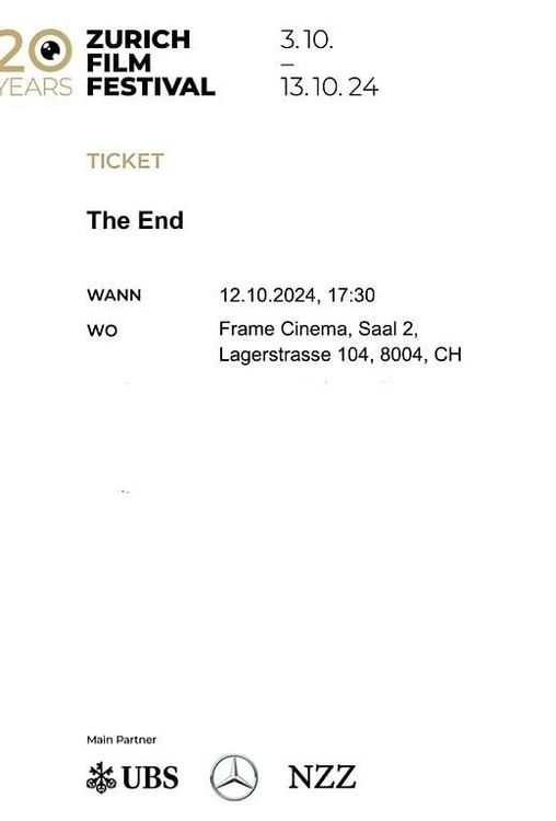 ZFF Ticket The End - Frame Cinema, Saal 2, heute 17:30 (Gebraucht) in ...