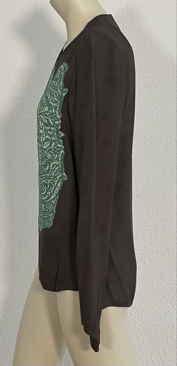 🍂 Akris Seiden Bluse Gr 34 braun mit hellgrünem Muster 🍂 (Gebraucht) in ...