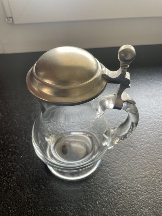 Krug Glas mit Zinn Deckel gut erhalten, antikes Sammlerstuec (D ...
