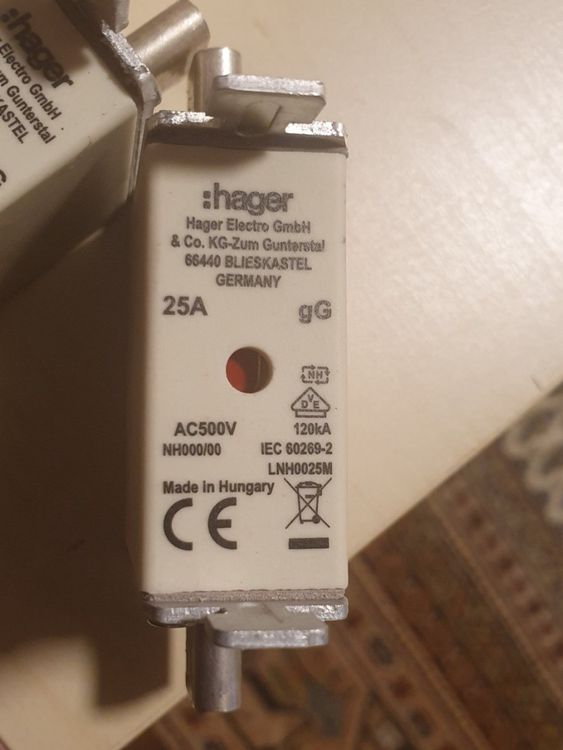 Sicherung Schmelzsicherung 25A gG 500V Hager NH000/00 LNH00 (Neu ...