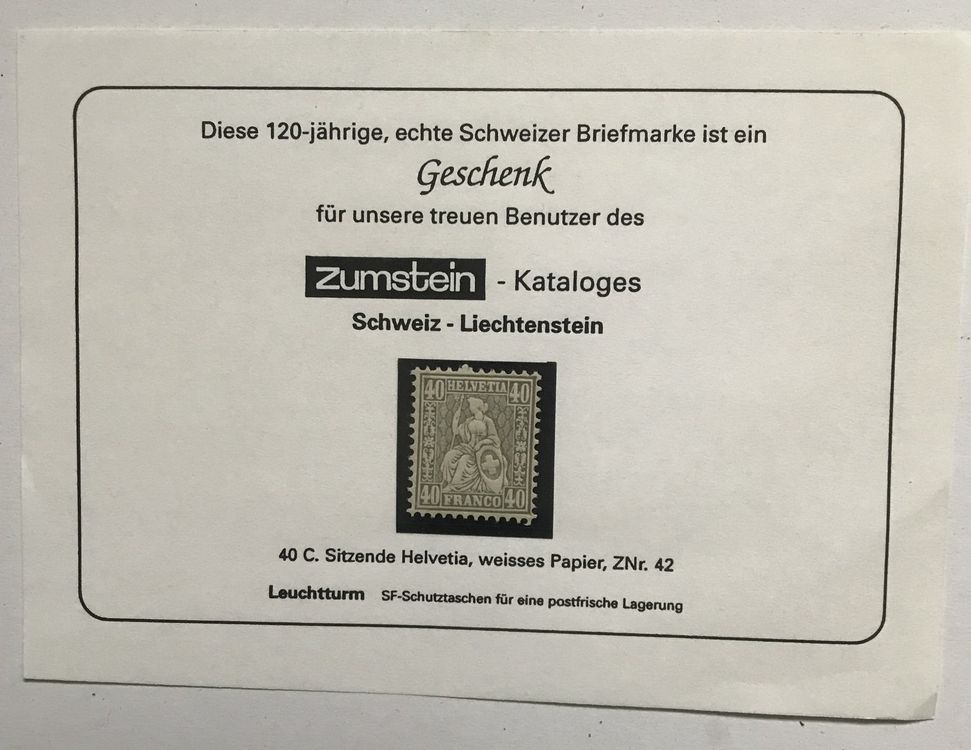 ZUMSTEIN SITZENDE HELVETIA WEISSES PAPIER ZNR.42 (Gebraucht) in Ostermundigen für CHF 9.95 – mit ...