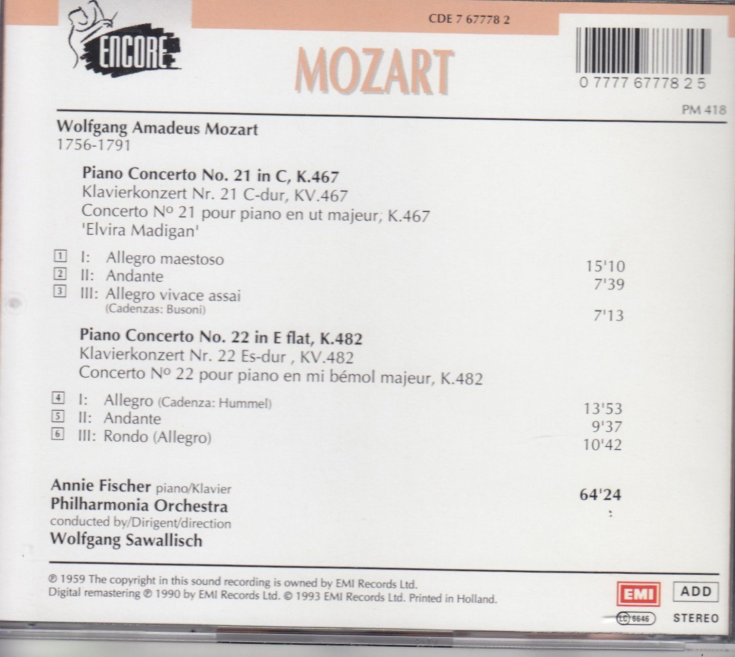 Mozart Piano Concertos Nos 21&22 Annie Fischer W. Sawallisch (Neu ...