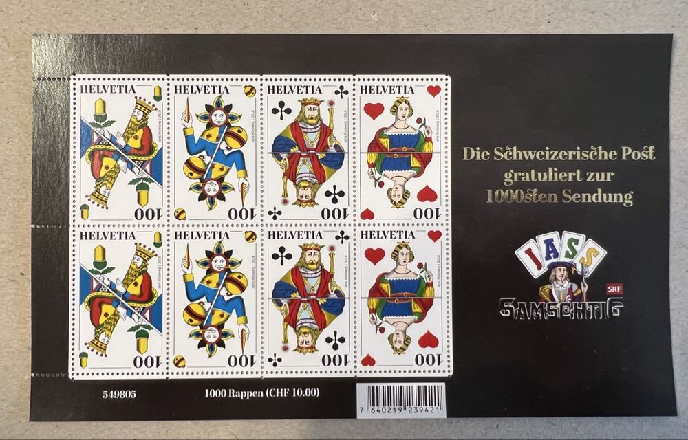 Schweizer Briefmarke "Samschtig Jass" 1000. Sendung (Neu und ...