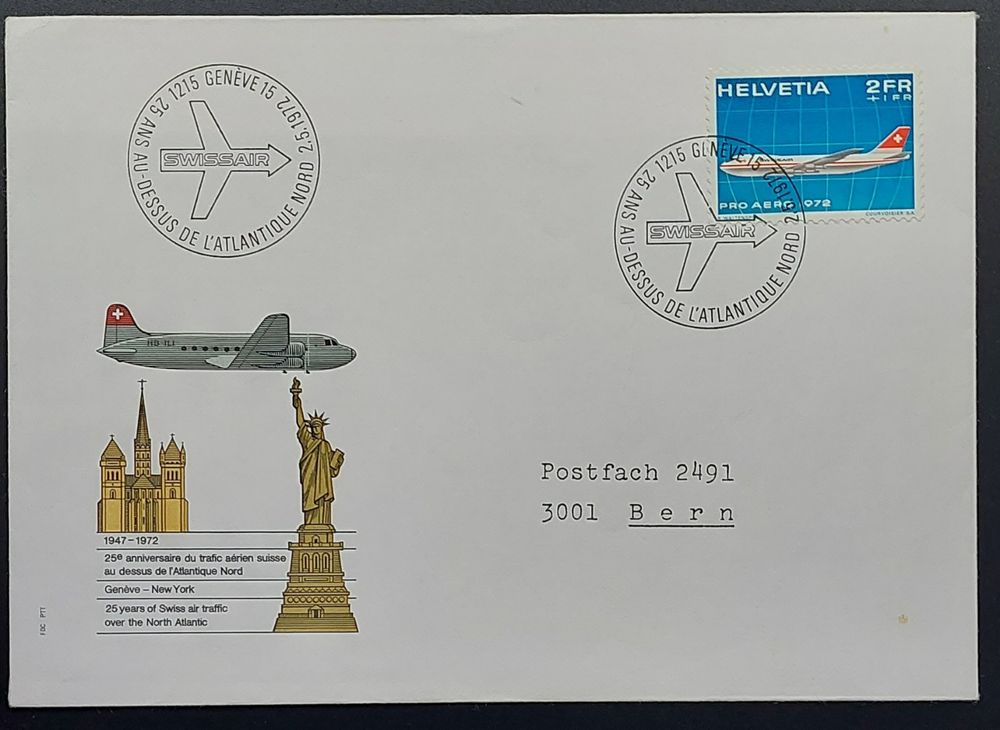 1972 FDC Flugpost, 25 Jahre Genève-New York mit ZNr. F47 (Gebraucht) in Seltisberg für CHF 1 ...
