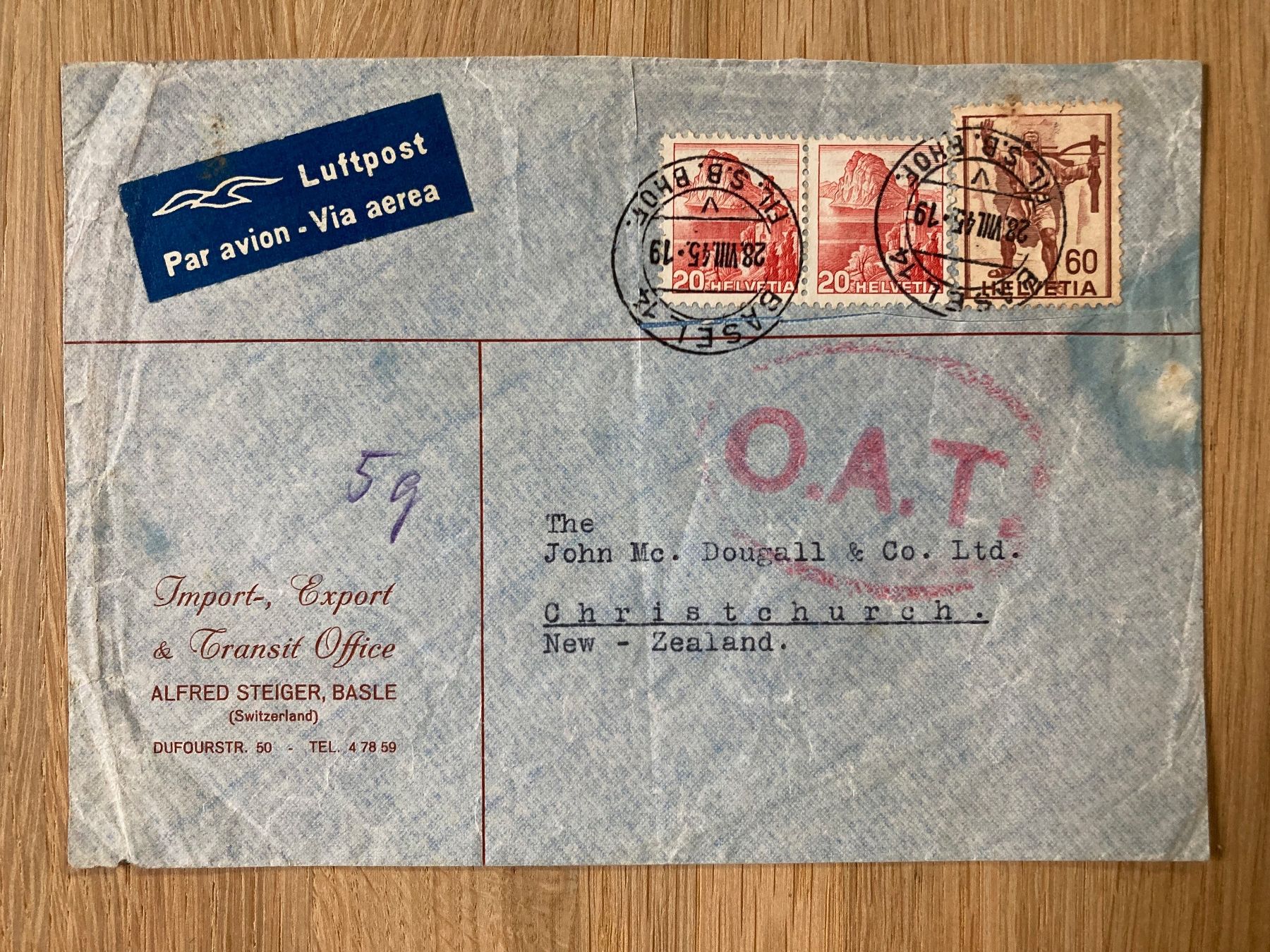 Flugpostbrief von 1945 mit O.A.T. nach New Zealand (Gebraucht) in Aesch BL für CHF 25 – mit ...