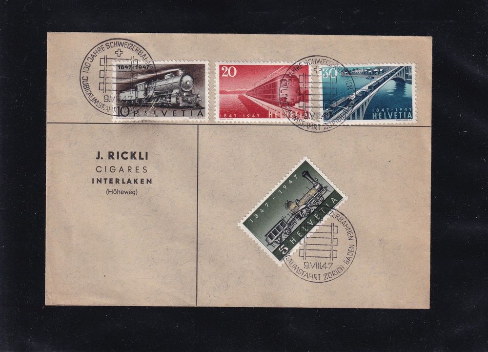 100 Jahre CH Bahnen 1947 / FDC / Rickli Cigares Interlaken | Kaufen auf Ricardo