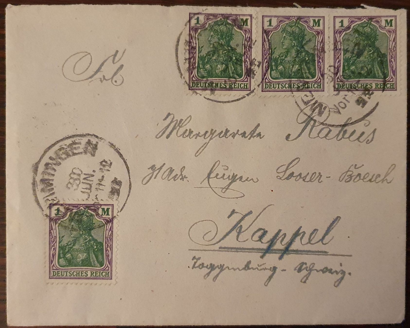 Brief mit 4 Mark Frankatur MEMMINGEN 30.6.22 nach Kappel CH (Gebraucht ...