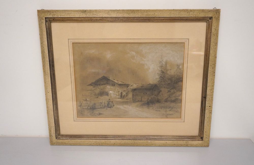 Antike Zeichnung, Landschaft, Bauernhaus, gerahmt 1900 S060 (Gebraucht) in Basel für CHF 150 ...