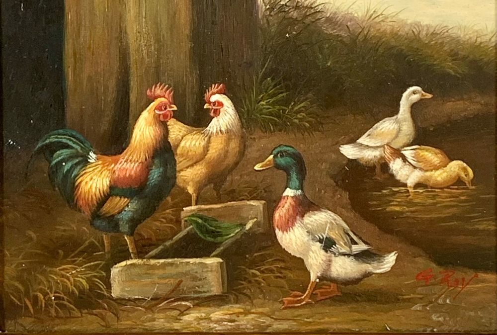 G.Roy Gemälde Hühner Enten und Hahn im Stall (Gebraucht) in Root für ...