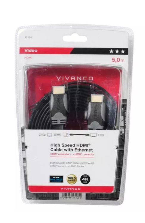 VIVANCO High Speed (10 Gbit/s) HDMI Kabel mit Ehternet, 5m (Neu und ...