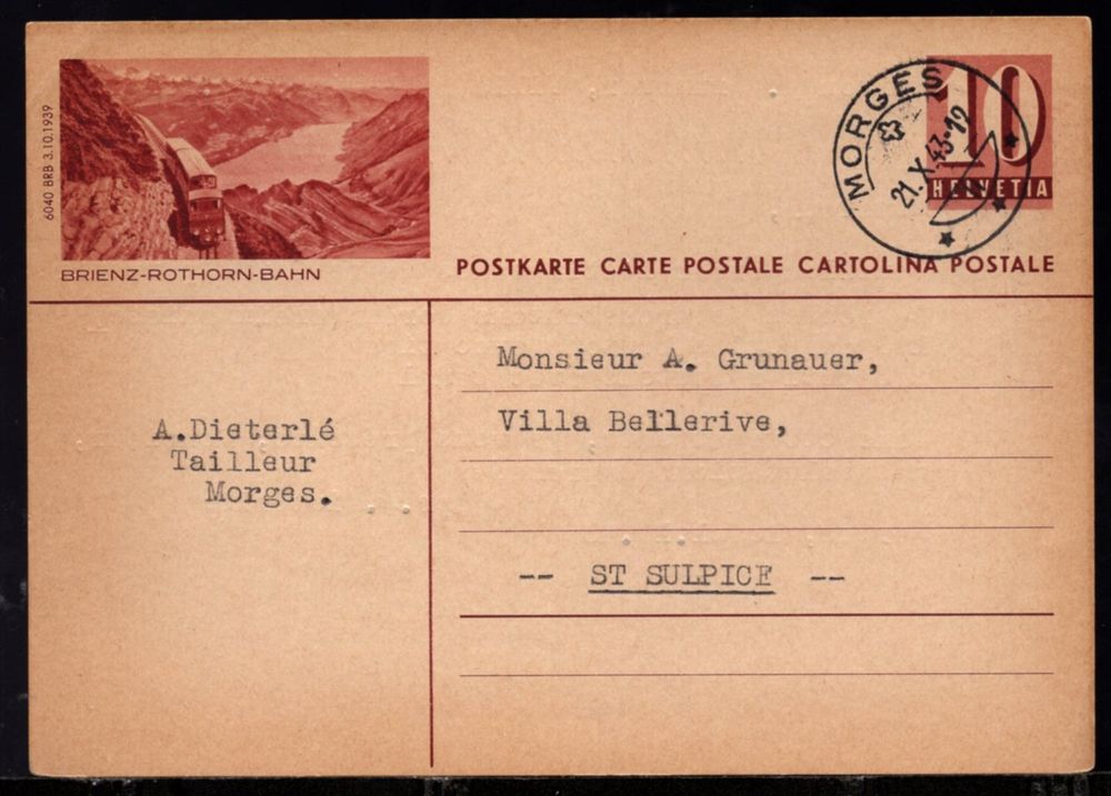 BRINZ - ROTHORN-BAHN Stp. MORGRS 21.X.43 (Gebraucht) in Aarau für CHF 2 ...