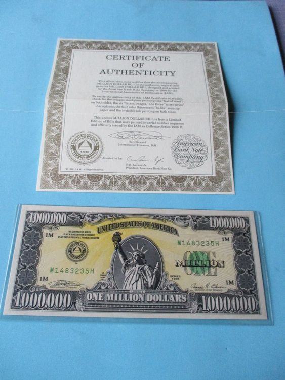 Million Dollar Schein mit Zertifikat, Rarität ( GIFT ) (Gebraucht) in Ottikon Gossau ZH für CHF ...