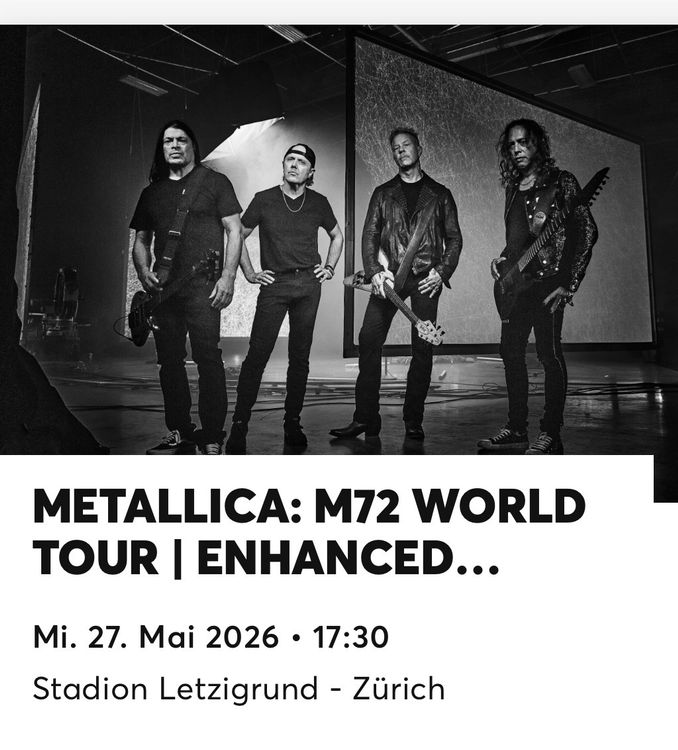 Metallica Zuerich, 27.05.2026 - Stehplatz Ticket Innenraum (Neu und ...