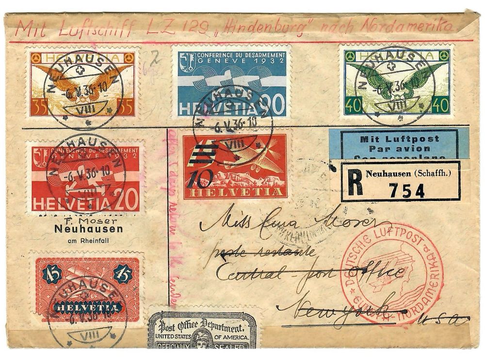 LZ 129 Hindenburg 1936 – Schweiz–USA Einschreiben R-Brief (Gebraucht ...