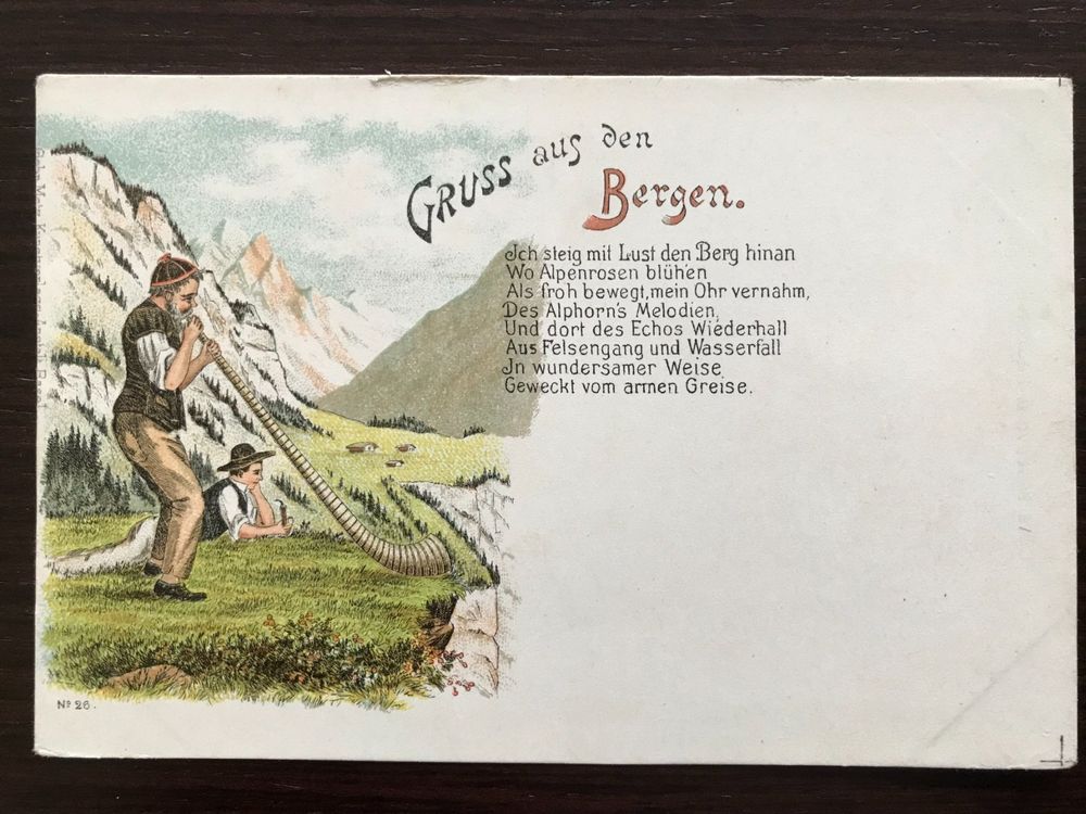 GRUSS AUS DEN BERGEN Litho, Alphorn, Tracht, ungelaufen | Kaufen auf Ricardo