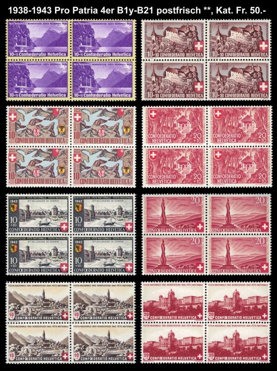 1938-1943 Pro Patria 4er B1y-B21 postfrisch, Kat. Fr. 50.- (Neu (gemäss ...