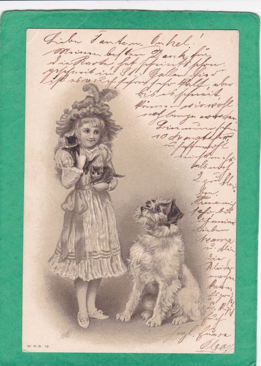 Kitsch Mädchen mit Hund und Katzen Reliefkarte 1902 (Gebraucht) in für ...