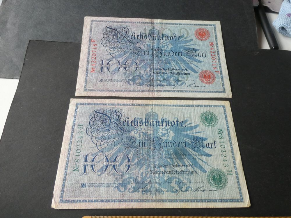 Dt. Reich 1908, Set 2 x 100 Mark, rote und grüne Sigel (Gebraucht) in ...
