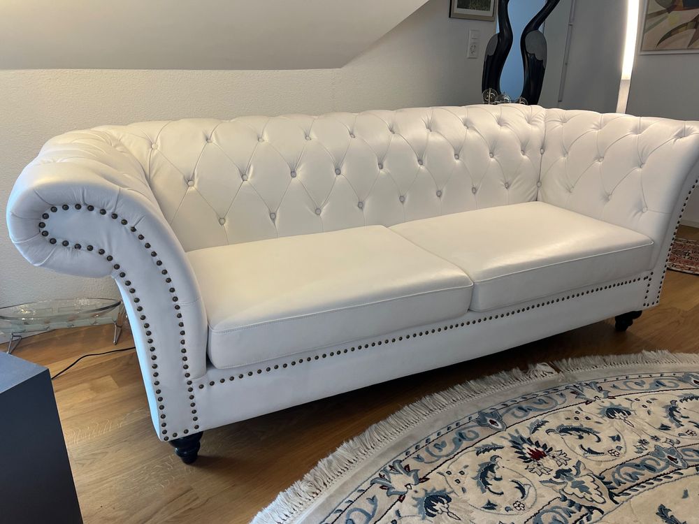 Victorian Chesterfield 3er Sofa weiss Leder | Acheter sur Ricardo