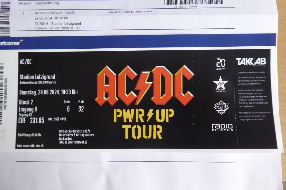ACDC Ticket Letzigrund 1 Sitzplatz vorne rechts 29.6.24 (Neu (gemäss ...
