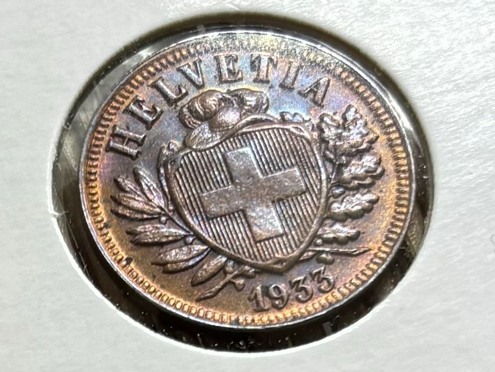 Schweiz 2 Rappen 1933 unz Schild Freiheitshut + Patina + (Neu (gemäss Beschreibung)) in Speicher ...