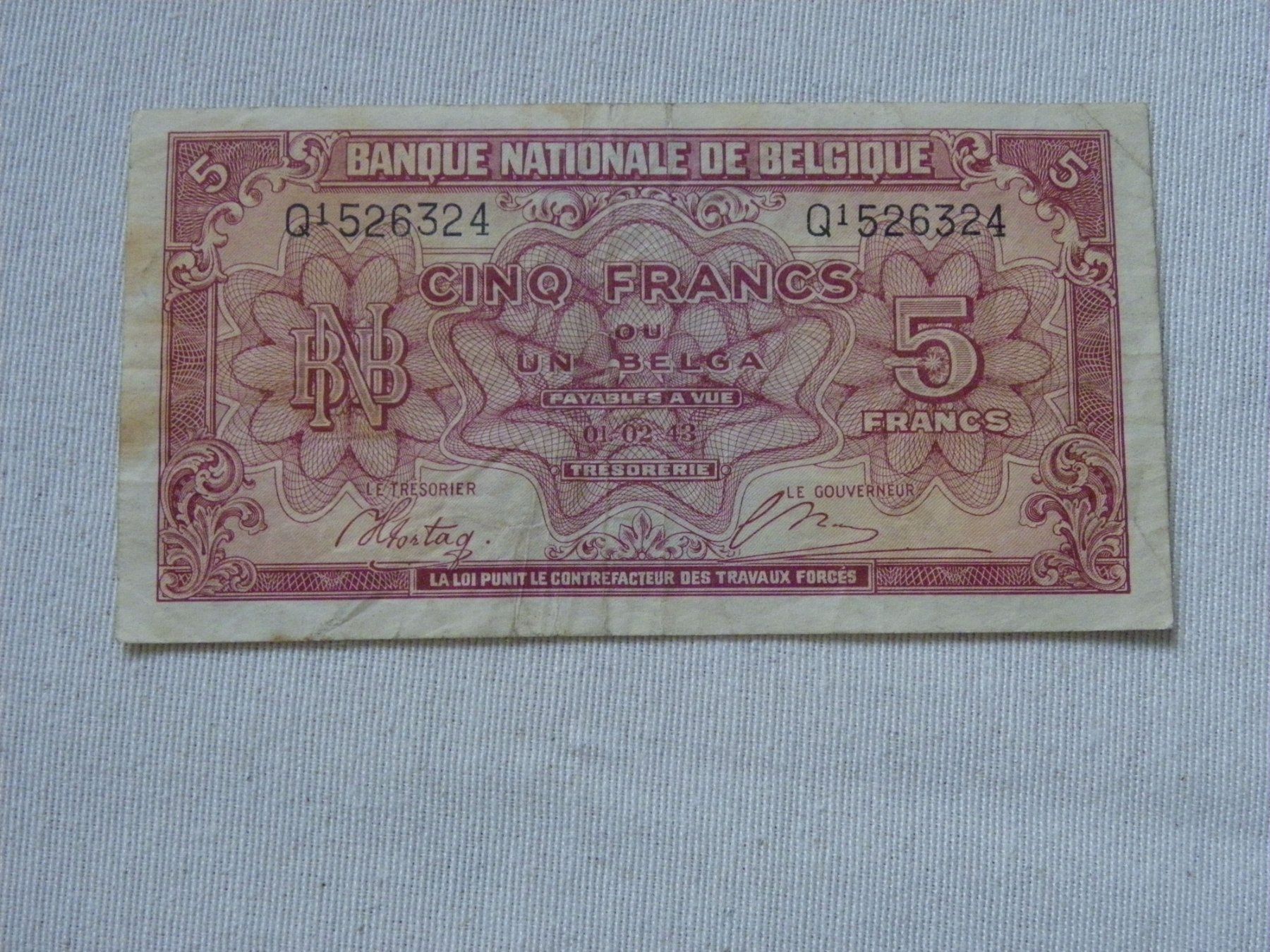 Belgische 5 Francs Banknote, 1943, Top Zustand, Selten! (Gebraucht) in ...