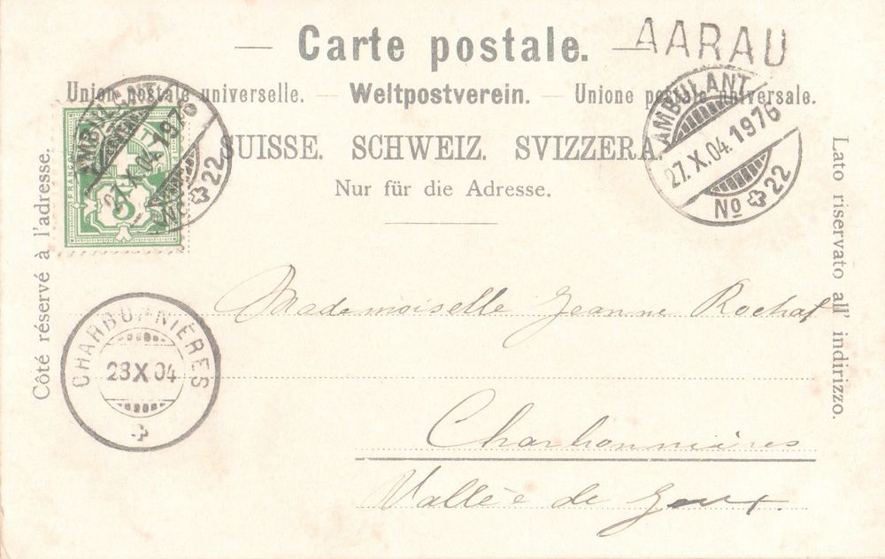 AARAU 1904 - Stabstempel über AK - Oblitération linéaire sur (Gebraucht) in Chavornay für CHF 5 ...