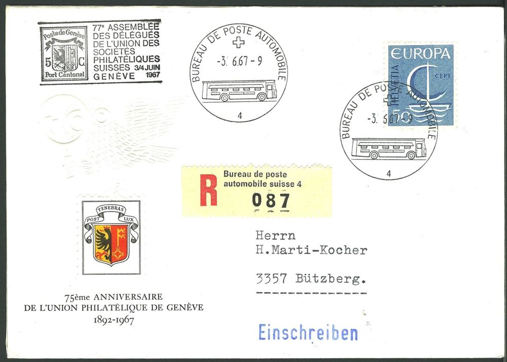 1967_ R-Brief "75ème Annivers. Philat. de GE"; Zusatzstempel (Gebraucht) in Thun für CHF 1 – mit ...