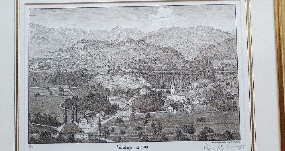 Original Grafik Lütisburg um 1900, Paul Wyss, im Goldrahmen (Gebraucht ...