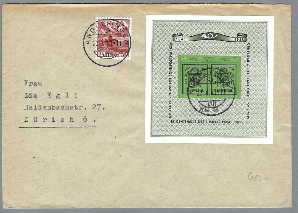 1943, GENFER BLOCK (W18), BRIEF, 0 ANDELFINGEN (Gebraucht) in Pura für CHF 15 – mit Lieferung ...