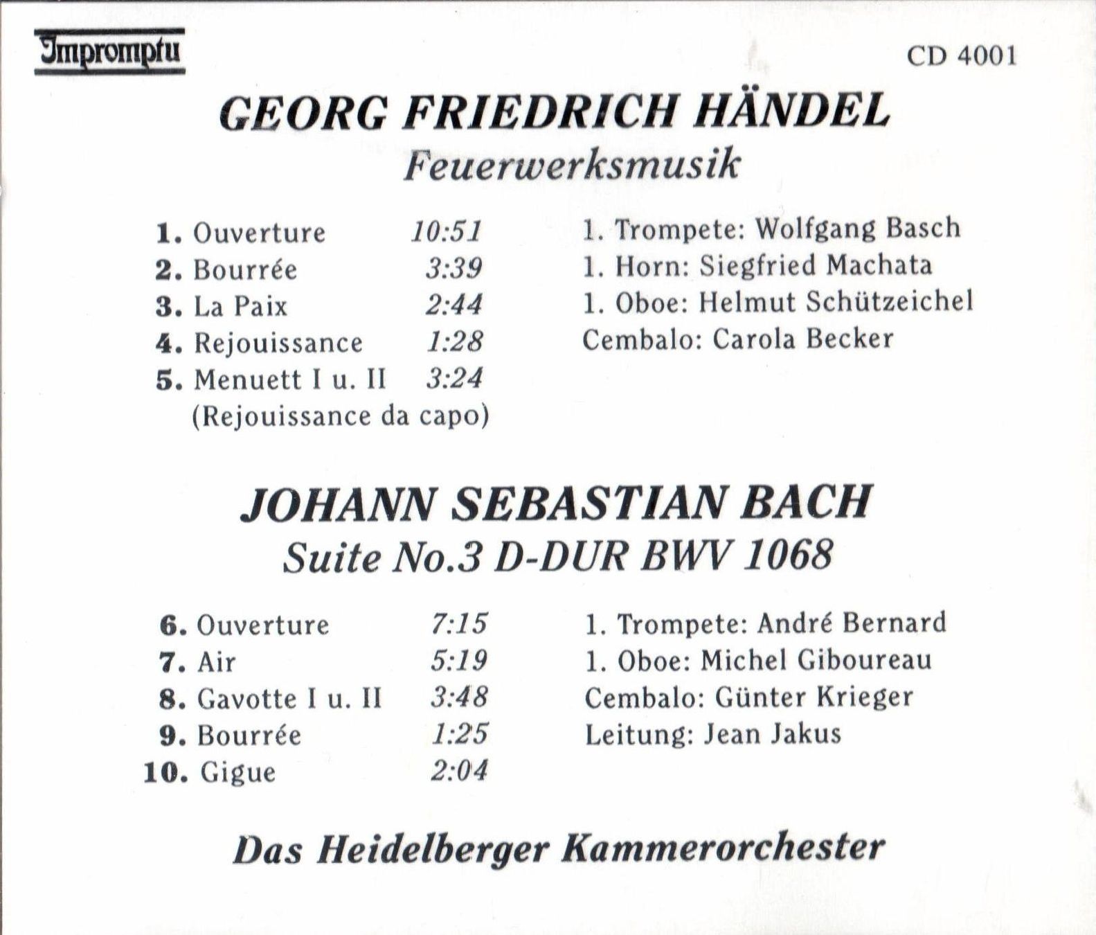 Händel - Feuerwerksmusik & Bach : Suite Nr.3 D-Dur - 1 CD | Kaufen auf Ricardo