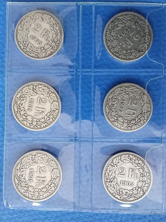 Schweizer 2Fr. Silbermünzen Jahrgang 1903 x3 / 1905x3 (Gebraucht) in ...