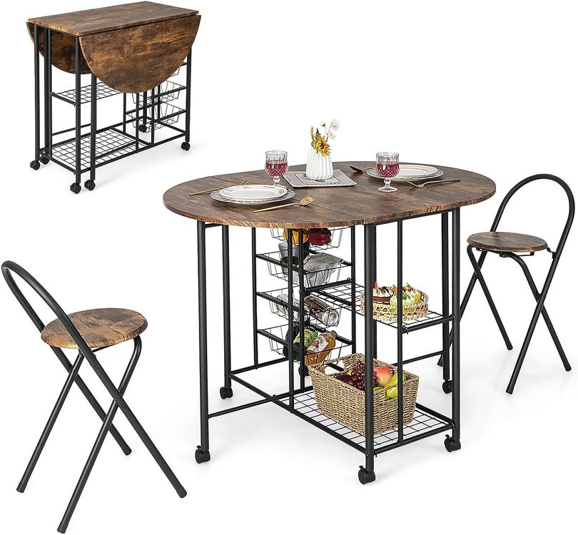 Bartisch Set 3-teilig, Klappbarer Esstisch auf Rollen, mit 2 (Neu und originalverpackt) in ...
