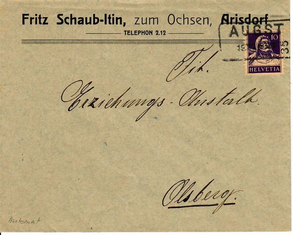 Brief, Fritz Schaub-Itin zum Ochsen Arisdorf - Bahnpost (Gebraucht) in ...